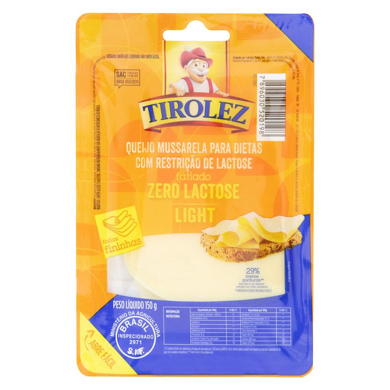 Queijo Mussarela Fatiado Light Zero Lactose Tirolez Cartela 150g Queijo Mussarela Fatiado Light Zero Lactose Tirolez Cartela 150g