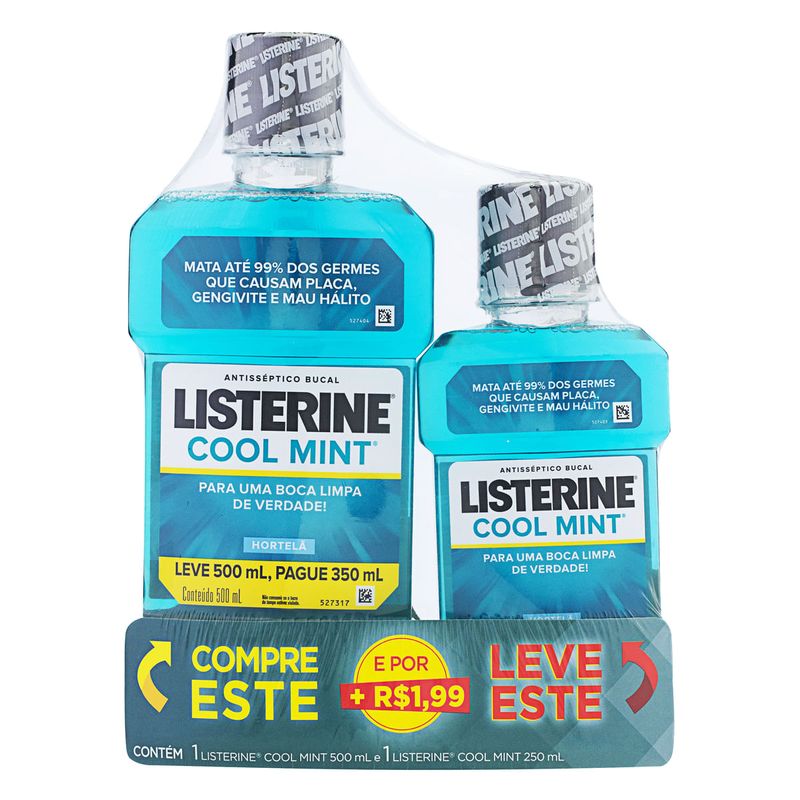 Kit Enxaguante Bucal Antisséptico Hortelã Listerine Cool Mint 500ml + 1 ... Kit Enxaguante Bucal Antisséptico Hortelã Listerine Cool Mint 500ml + 1 ...