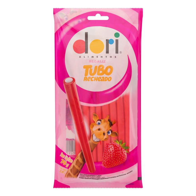 Bala de Morango com Recheio de Creme Tubo Dori Regaliz Pacote 70g