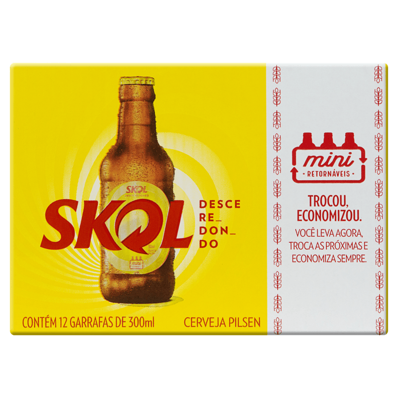 Cerveja Pilsen Skol Caixa 12 Unidades 300ml Cada Mini Retornáveis