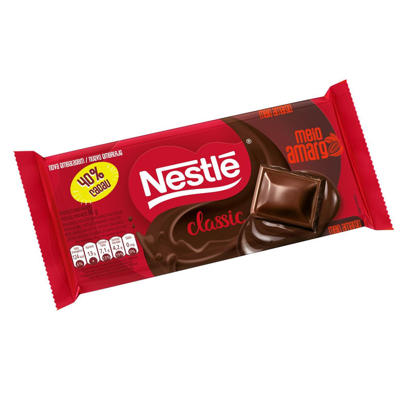 Chocolate Meio Amargo 40% Cacau Nestlé Classic Tablete 90g Chocolate Meio Amargo 40% Cacau Nestlé Classic Tablete 90g