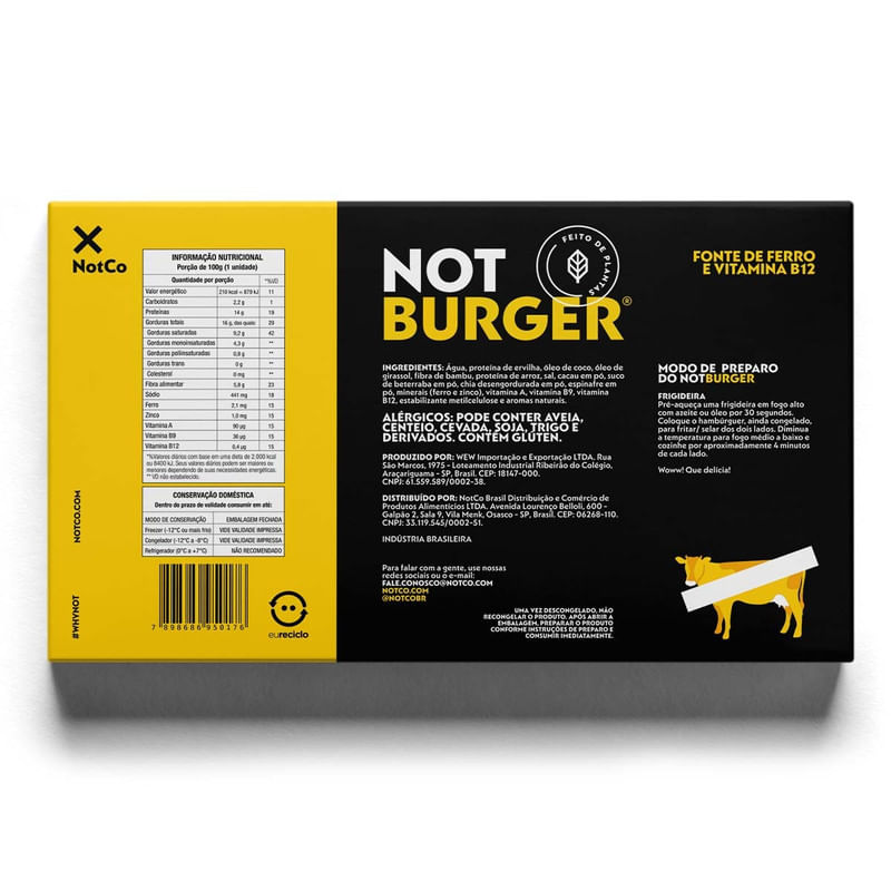 Hambúrguer de Carne Vegetal Not Burger NotCo Caixa 200g 2 Unidades