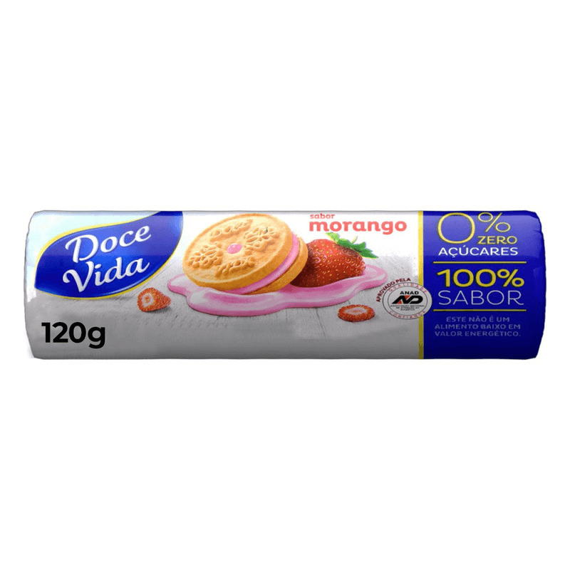 Bolacha Recheada de Morango Zero Açúcar Doce Vida Pacote 120g
