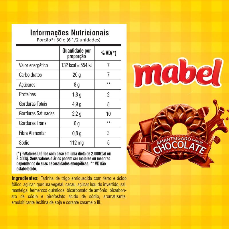 Biscoito Amanteigado Chocolate Mabel Pacote 330g